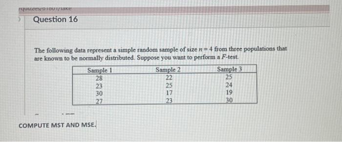 Solved The following data represent a simple random sample | Chegg.com