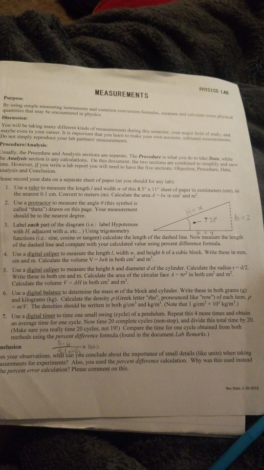 PHYSICS LAB MEASUREMENTS H = x Purpose By using | Chegg.com
