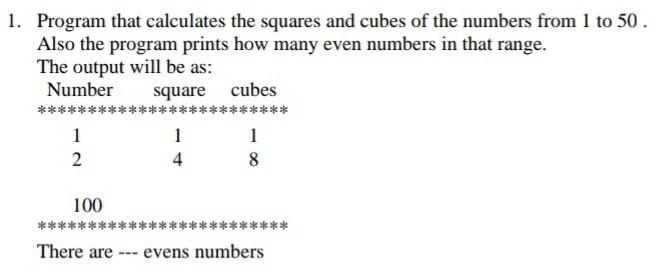 Solved 1. Program that calculates the squares and cubes of | Chegg.com