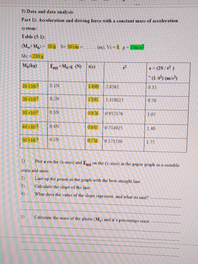 Solved 5) Data and data analysis Part 1): Acceleration and | Chegg.com