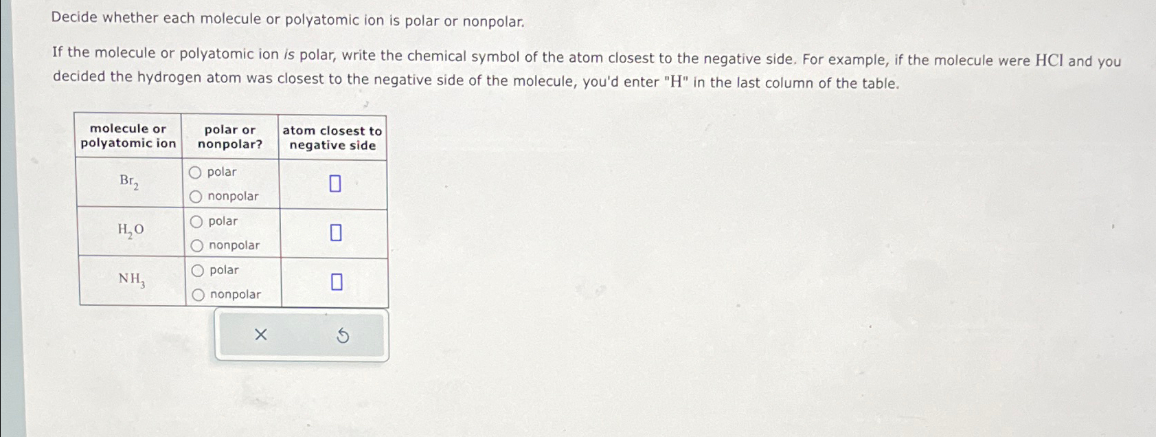 Solved Decide whether each molecule or polyatomic ion is | Chegg.com