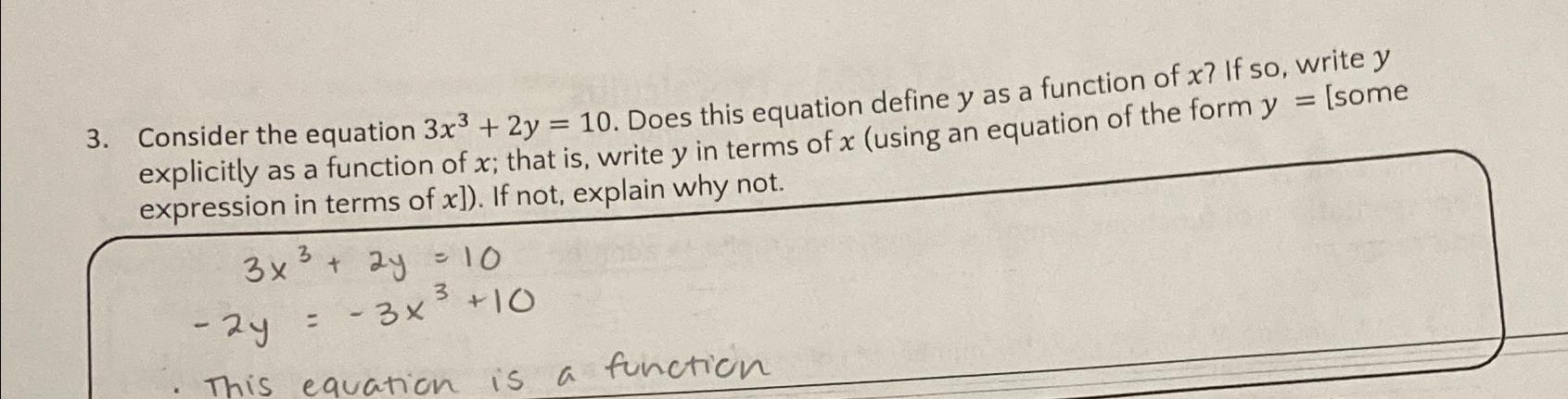Solved Consider the equation 3x3+2y=10. ﻿Does this equation | Chegg.com