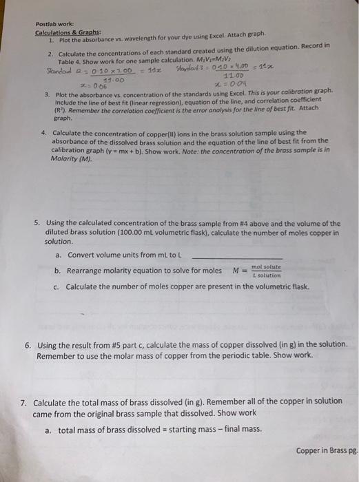 Copper in Brass Data & Postlab Analysis Worksheet | Chegg.com