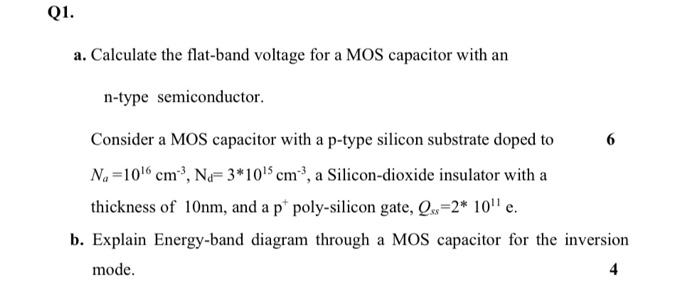 Solved a. Calculate the flat-band voltage for a MOS | Chegg.com