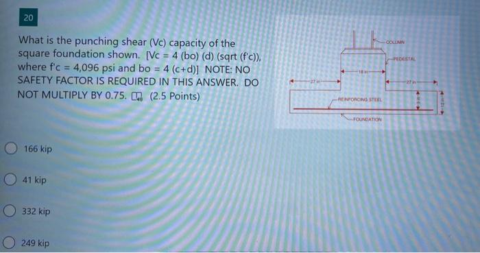 Solved What is the punching shear (Vc) capacity of the | Chegg.com
