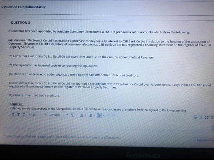 Solved Question Completion Status: QUESTION 3 A liquidator | Chegg.com
