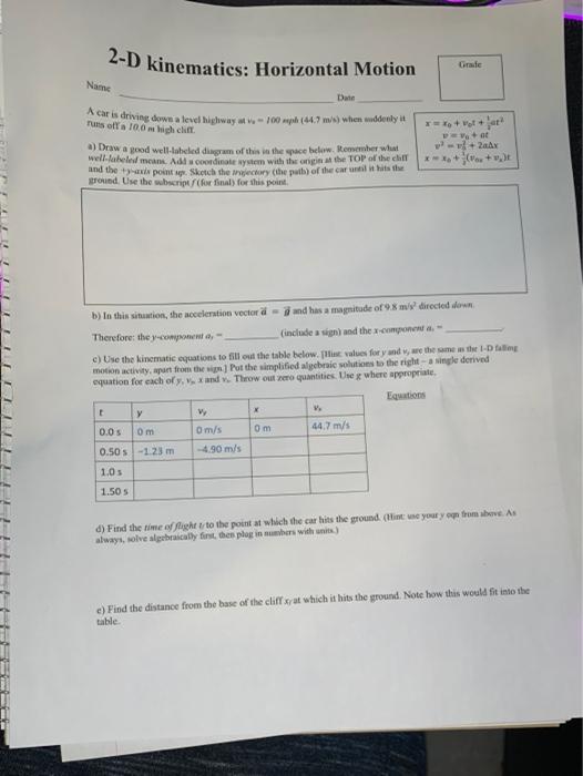 Solved 2-D kinematics: Horizontal Motion Grade Name Date A | Chegg.com