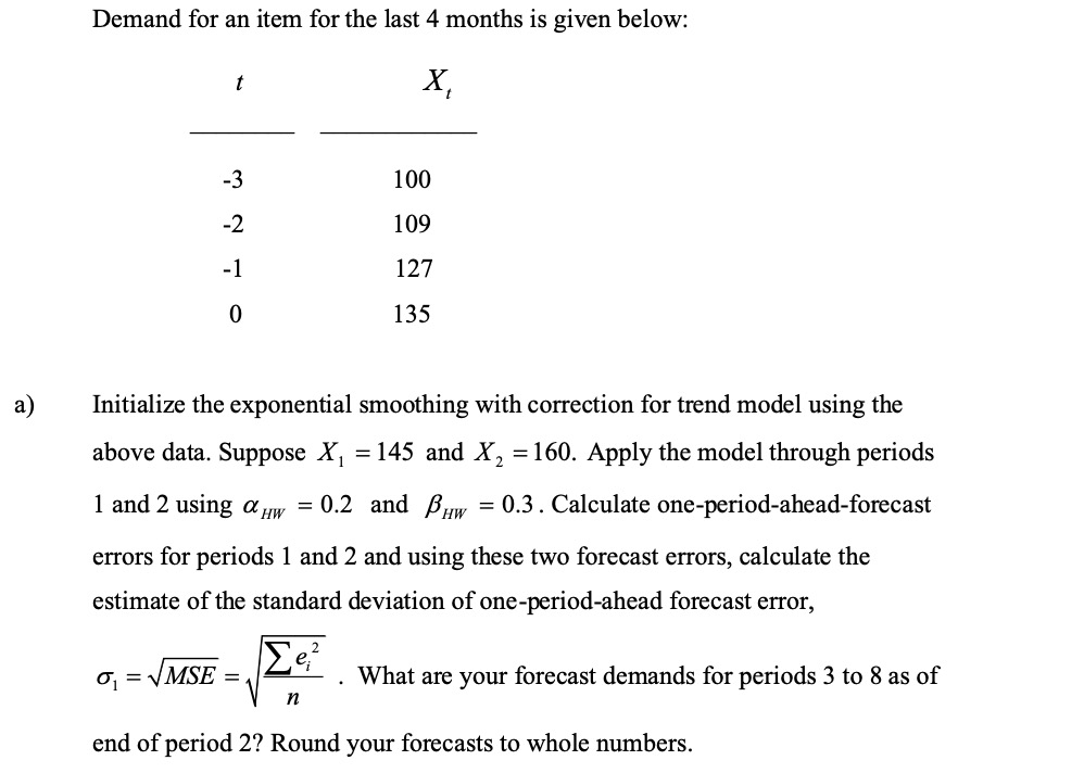 Solved a) ﻿Initialize the exponential smoothing with | Chegg.com