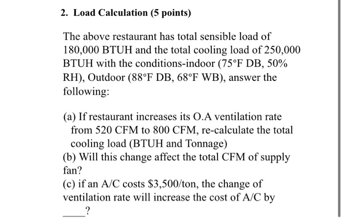 2. Load Calculation (5 points) The above restaurant | Chegg.com