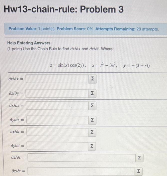 Solved Help Entering Answers (1 point) Use the Chain Rule to | Chegg.com