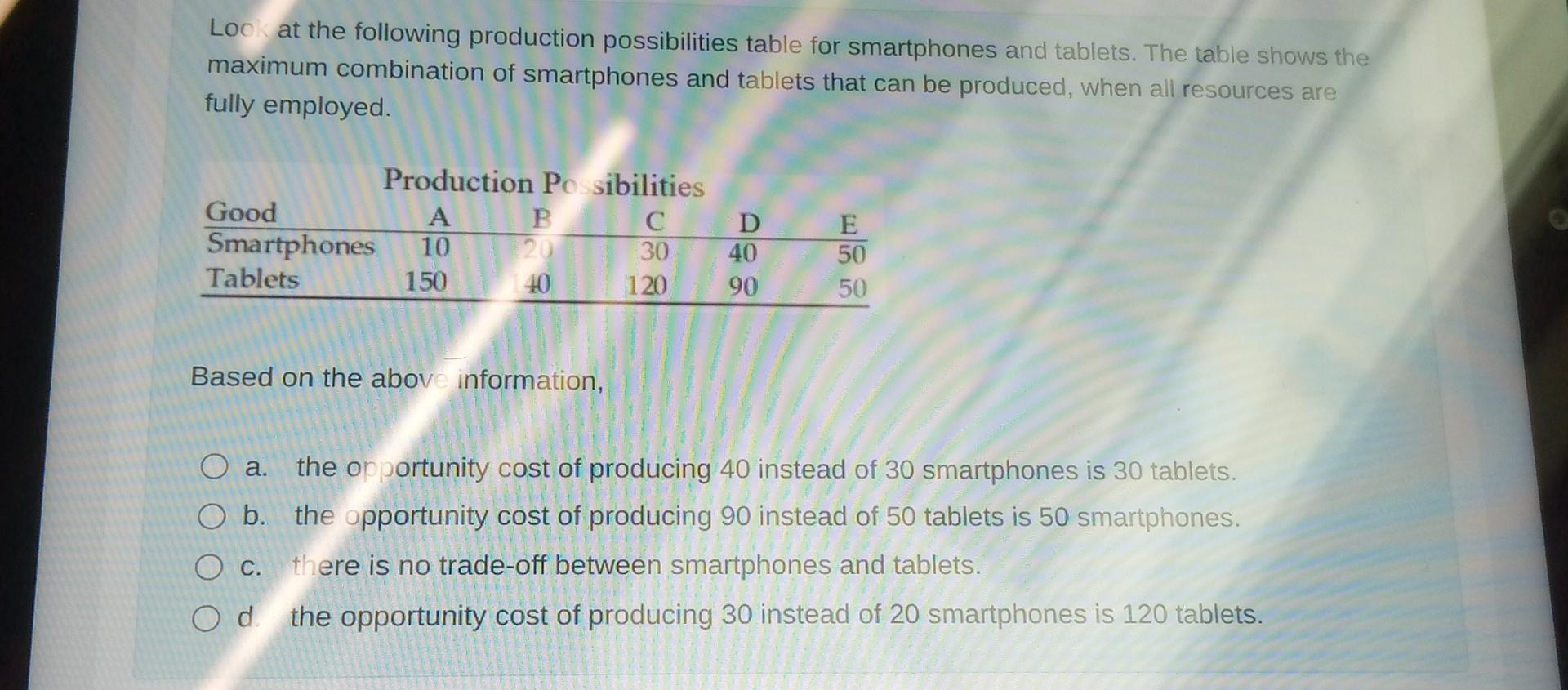 Solved Loo at the following production possibilities table | Chegg.com