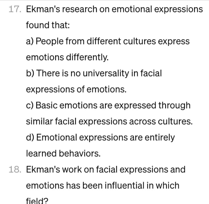 Solved Ekman's research on emotional expressions found | Chegg.com