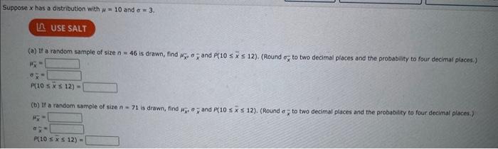 Solved Suppose x has a distribution with μ=10 and σ=3. (a) | Chegg.com
