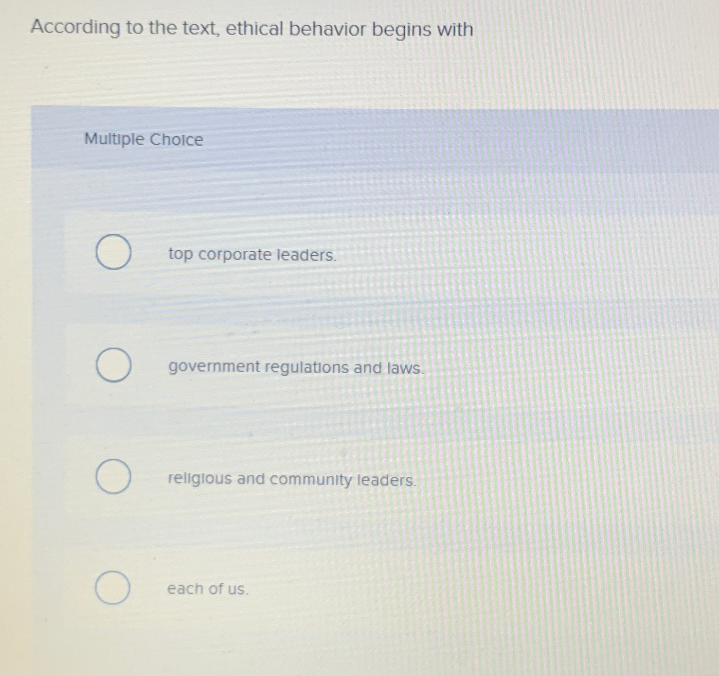 Solved According to the text, ethical behavior begins | Chegg.com