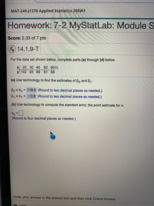 Solved MAT-240-J1276 Applied Statistics 20EW1 Homework: 7-2 | Chegg.com