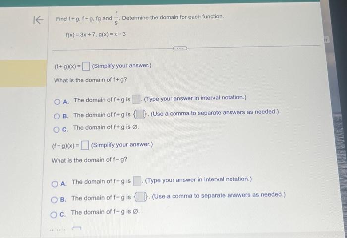 Solved Find f+g,f−g,fg and gf. Determine the domain for each | Chegg.com