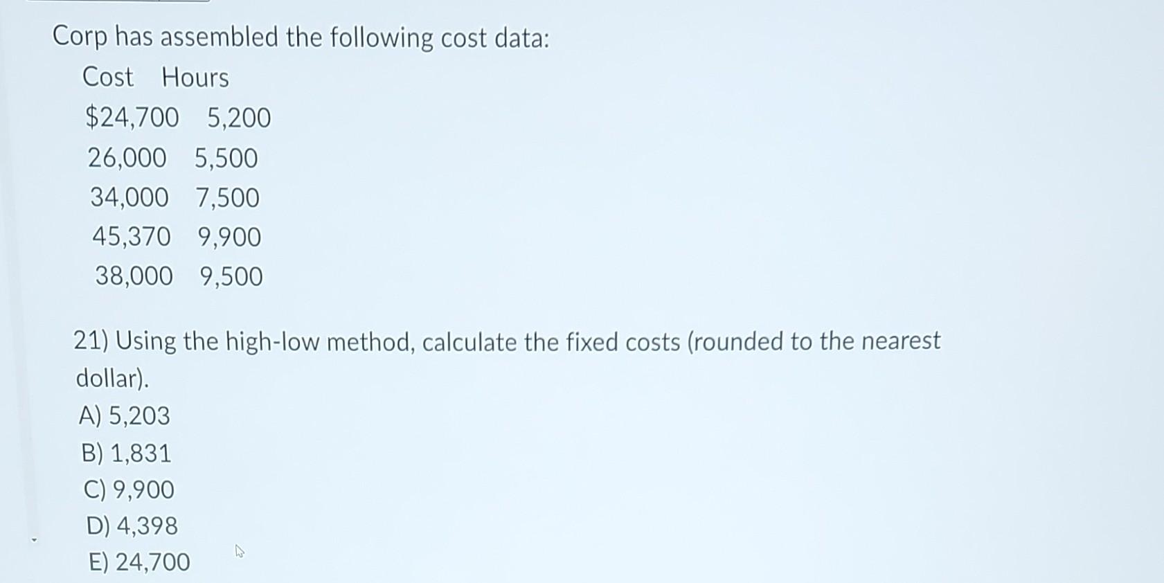 Solved Corp has assembled the following cost data: 21) Using | Chegg.com