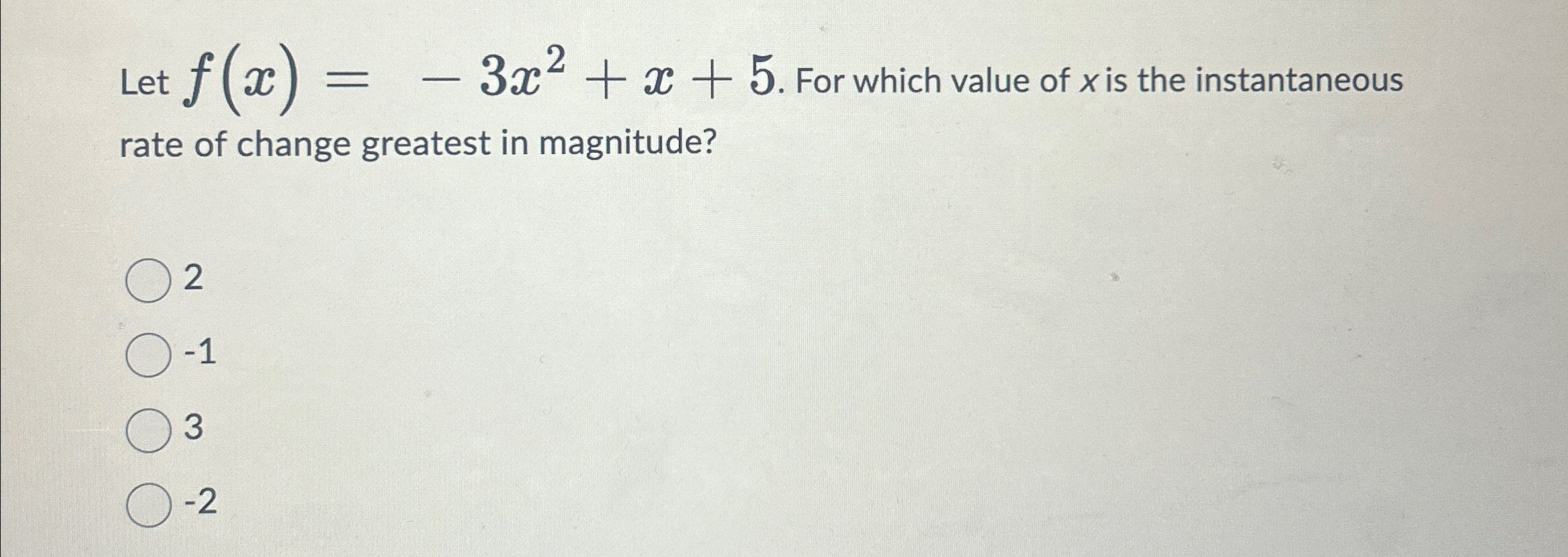 Solved Let f(x)=-3x2+x+5. ﻿For which value of x ﻿is the | Chegg.com