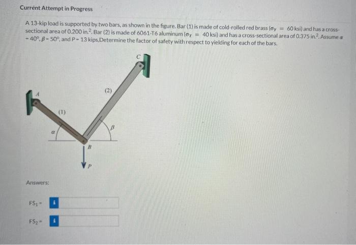Solved A 13-kip load is supported by two bars, as shown in | Chegg.com