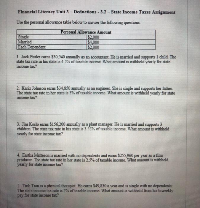 Solved Financial Literacy Unit 3 - Deductions - 3.2 - State | Chegg.com