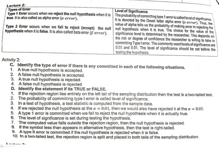 Solved Lecture 2: Types of Error Level of Significance Type | Chegg.com