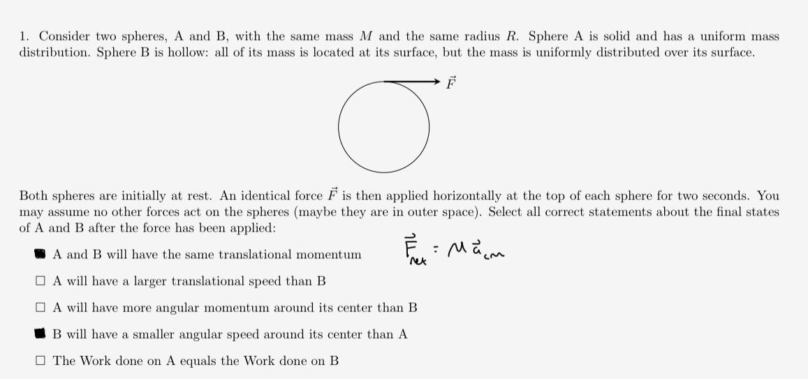 Solved 1. Consider two spheres, A and B, with the same mass | Chegg.com