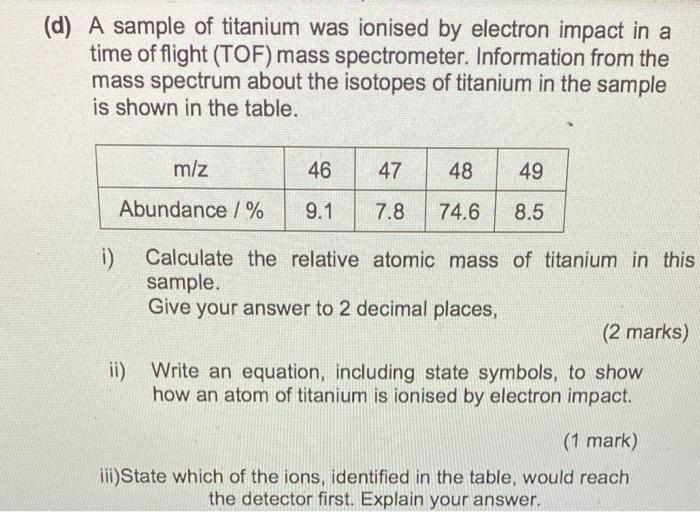 Solved (d) A sample of titanium was ionised by electron | Chegg.com