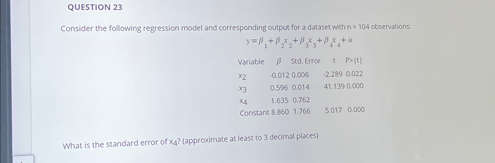 Solved QUESTION 23Consider the following regression model | Chegg.com