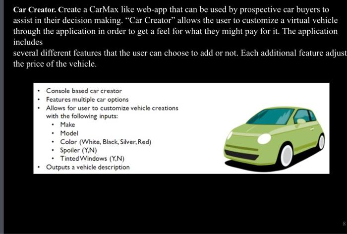 Solved Car Creator. Create a CarMax like web-app that can be | Chegg.com