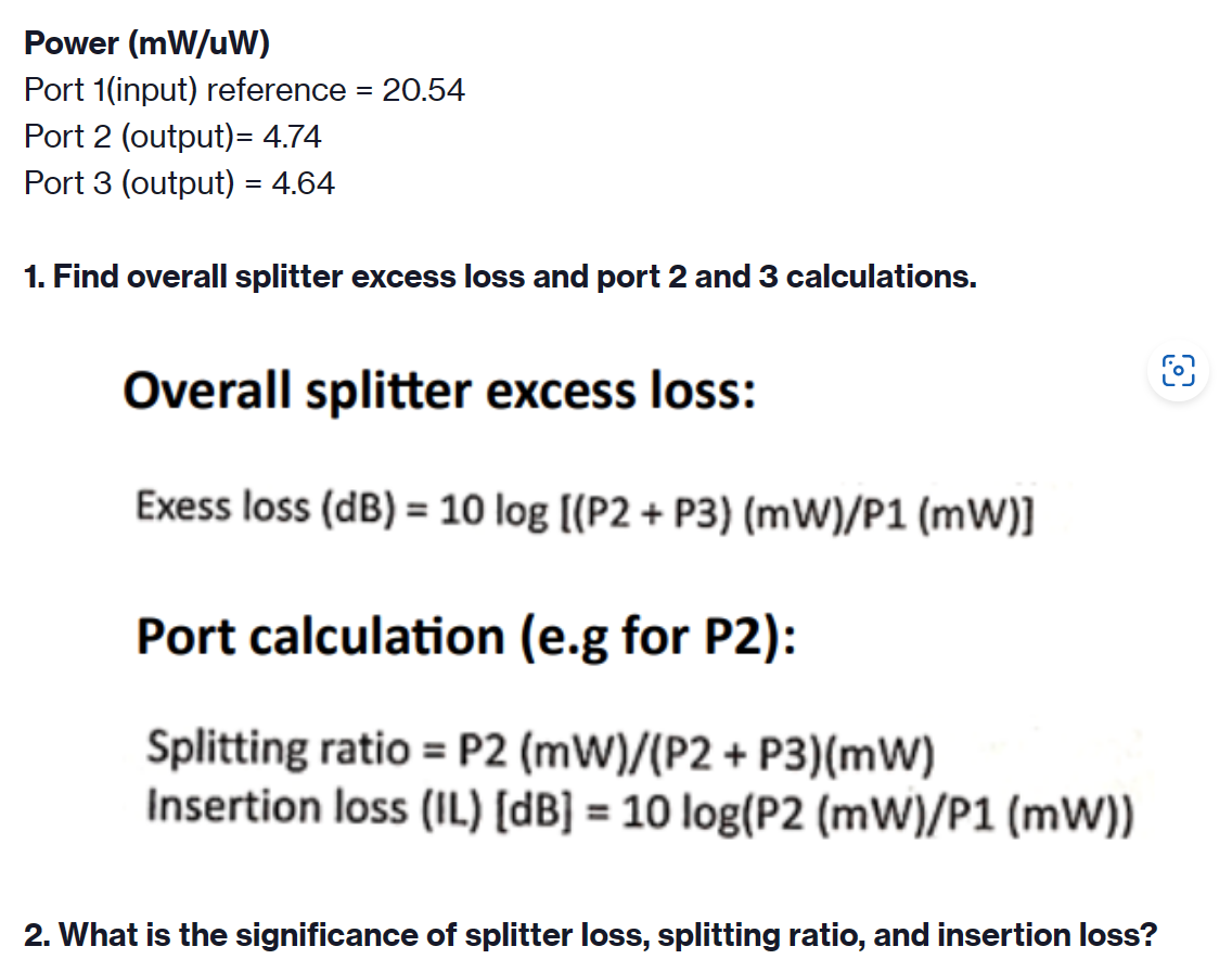 Solved Find overall splitter excess loss and port 2 ﻿and 3 | Chegg.com