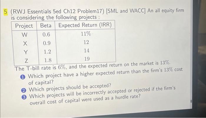 Solved (RWJ Essentials 5ed Ch12 Problem17) [SML and WACC] An | Chegg.com