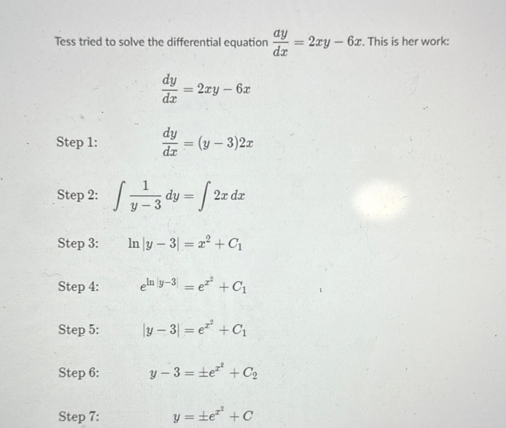 Solved Tess tried to solve the differential equation | Chegg.com