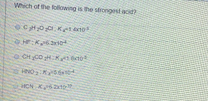 Solved in Which of the following is the strongest acid? | Chegg.com