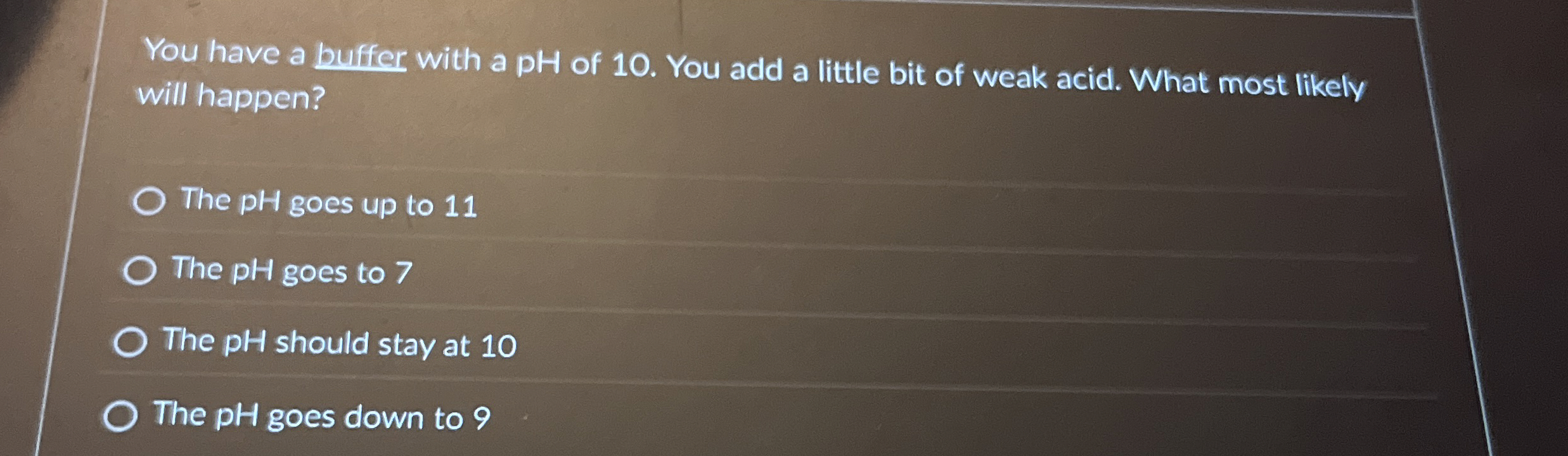 Solved You have a buffer with a pH of 10 . ﻿You add a little | Chegg.com