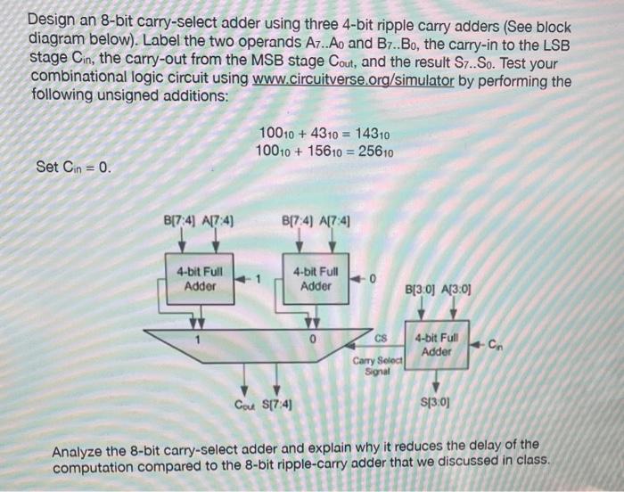 Solved Design an 8-bit carry-select adder using three 4-bit | Chegg.com