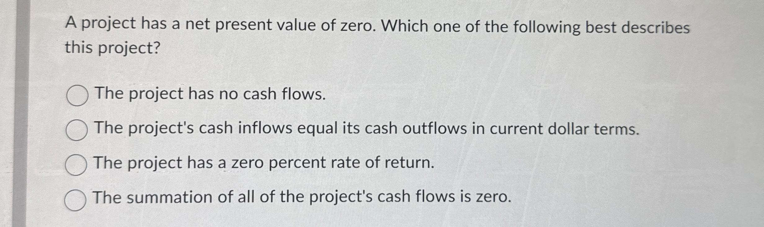 Solved A project has a net present value of zero. Which one | Chegg.com