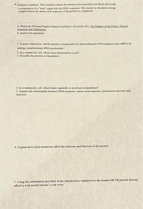 Solved - Nonscnse mutation. This mutation causes the protein | Chegg.com