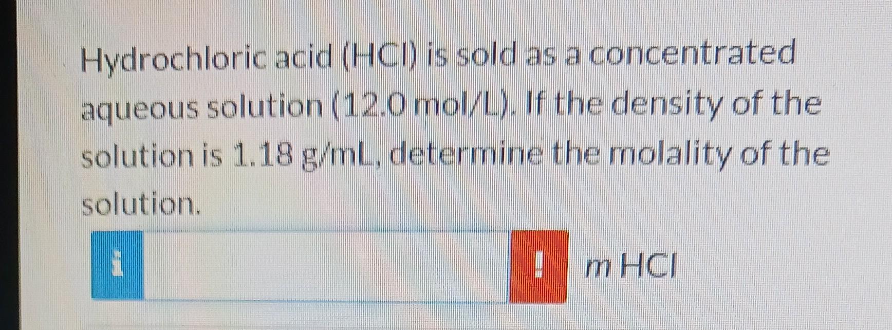 Solved Hydrochloric acid ( HCl) is sold as a concentrated | Chegg.com