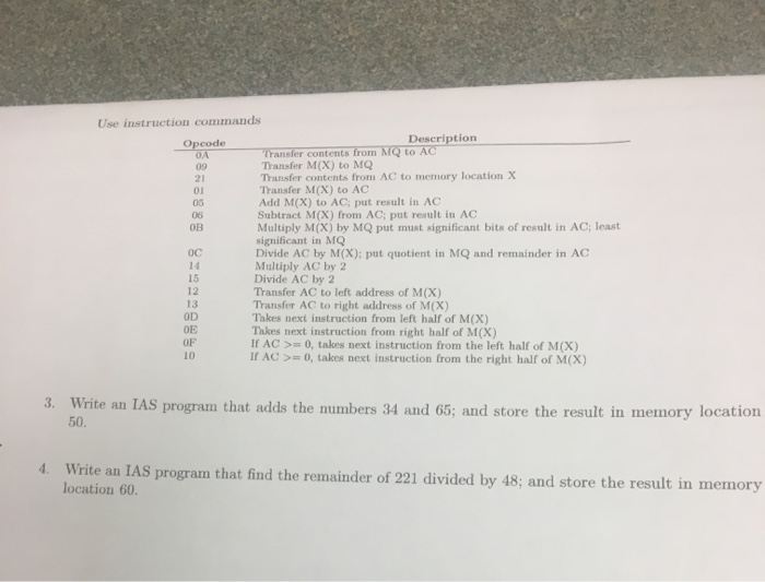 Solved OA 01 00 Use instruction commands Opcode Description | Chegg.com