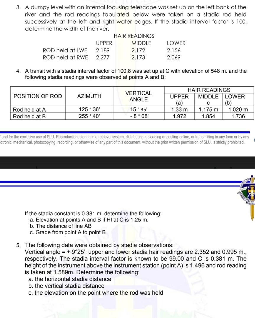 Solved 3. A dumpy level with an internal focusing telescope | Chegg.com