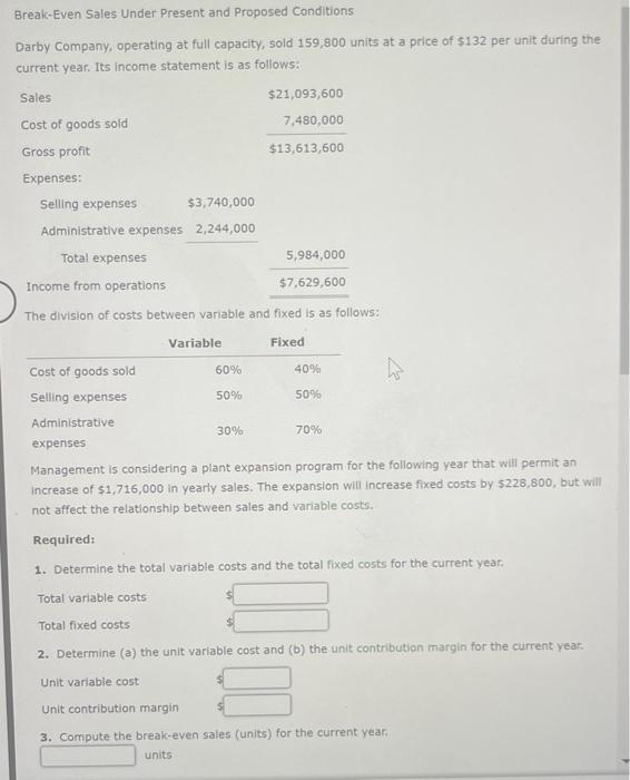 Solved Break-Even Sales Under Present and Proposed | Chegg.com