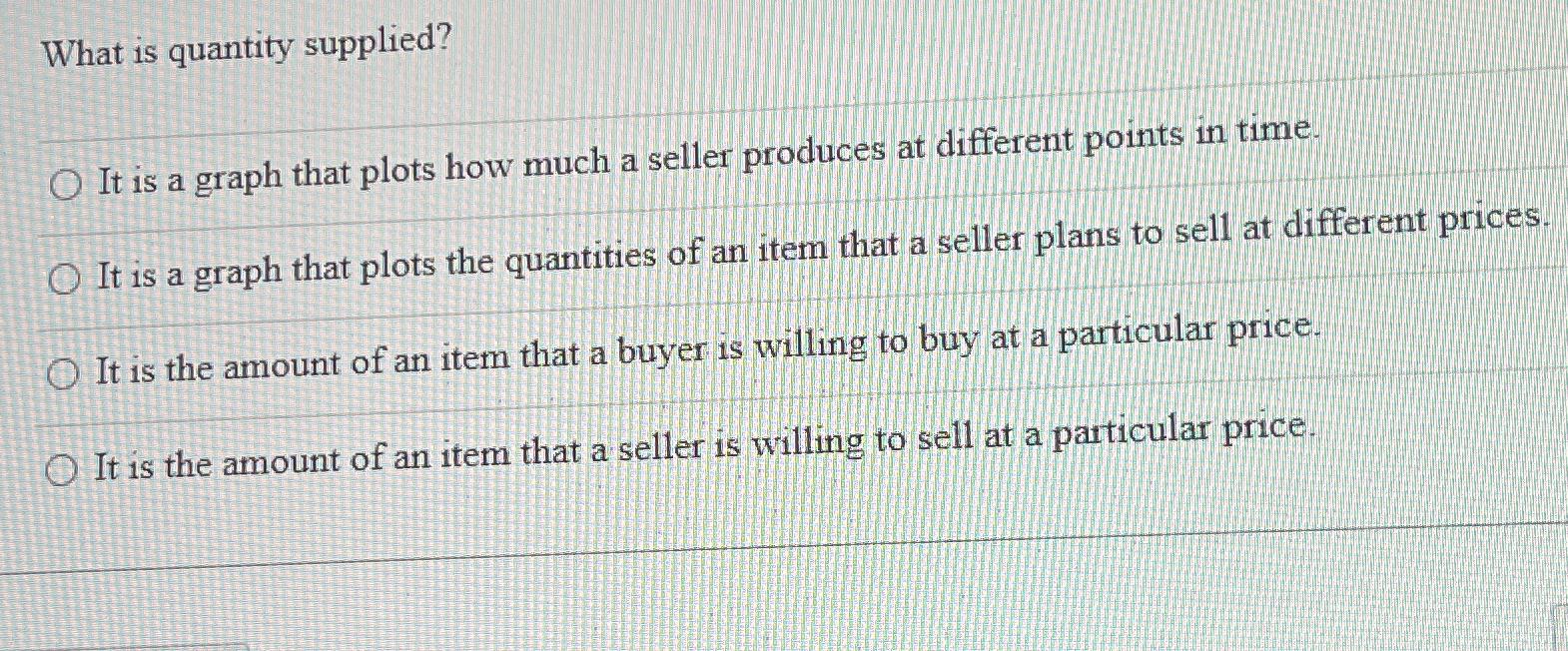 Solved What is quantity supplied?A: It is a graph that plots | Chegg.com
