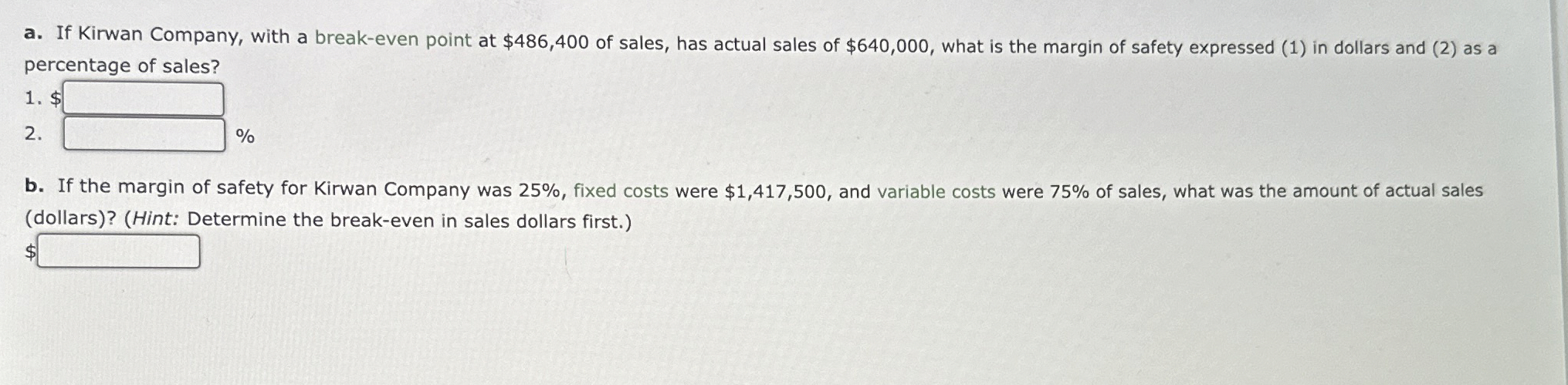 Solved a. ﻿If Kirwan Company, with a break-even point at | Chegg.com