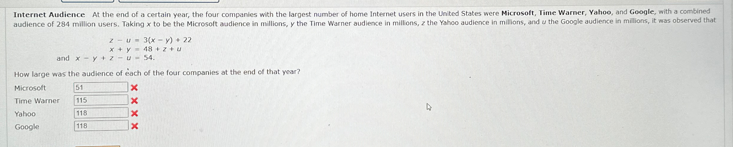 Solved z-u=3(x-y)+22x+y=48+z+u ﻿and x-y+z-u=54How large was | Chegg.com