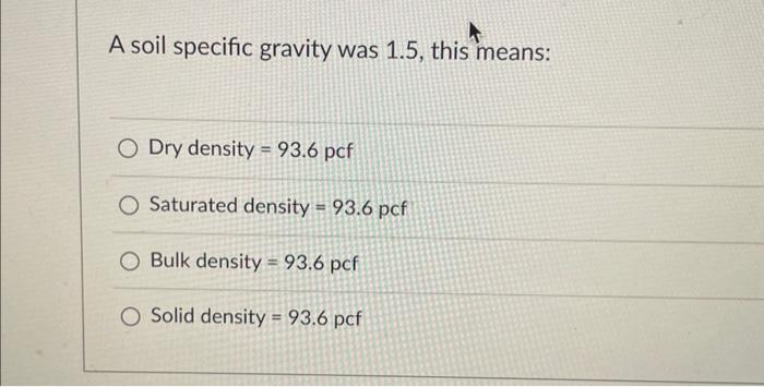 Solved A soil specific gravity was 1.5, this means: Dry | Chegg.com