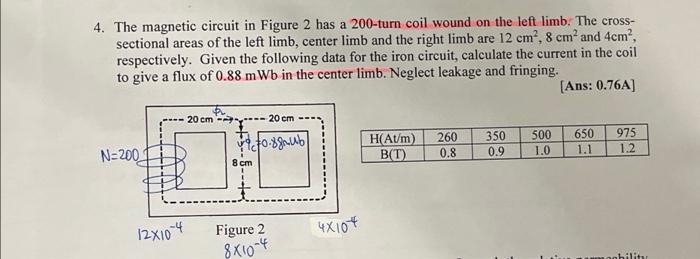 Solved 4. The magnetic circuit in Figure 2 has a 200-turn | Chegg.com