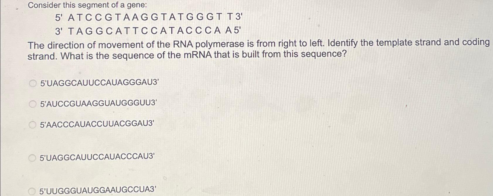 Solved Consider this segment of a gene:5' ﻿ATCCGTAAGGTATGGGT | Chegg.com