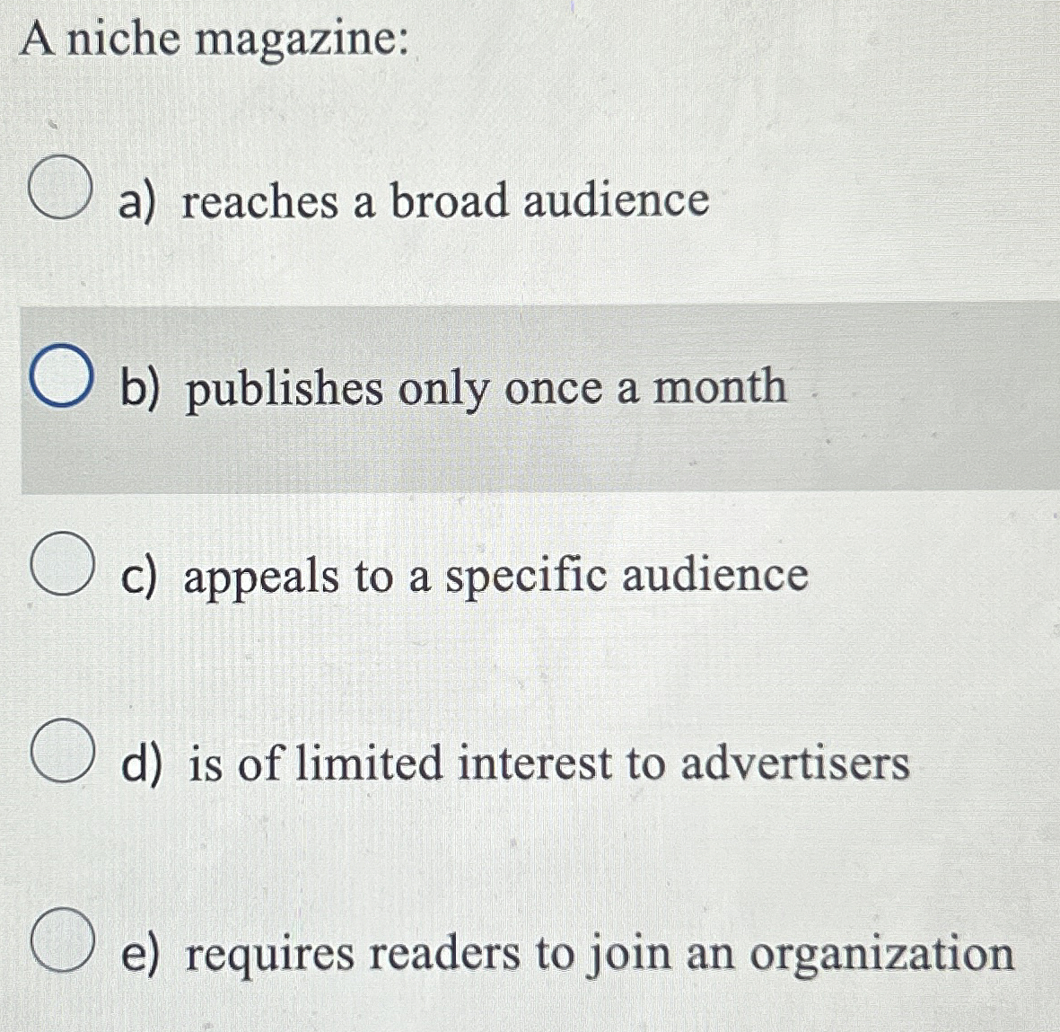Solved A niche magazine:a) ﻿reaches a broad audienceb) | Chegg.com
