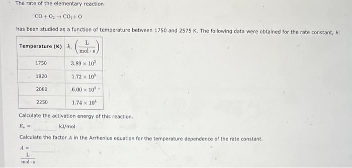 Solved The rate of the elementary reaction CO+O2→CO2+O has | Chegg.com