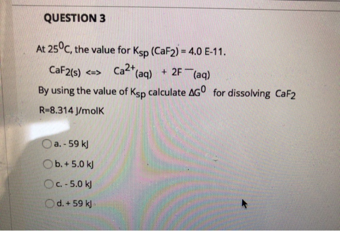 Solved QUESTION 3 At 25°C, the value for Ksp (Caf2) = 4.0 | Chegg.com